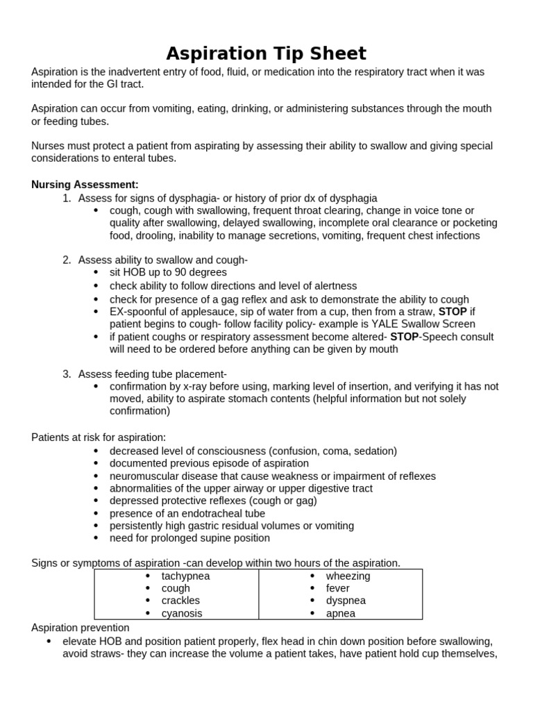 Aspiration Tip Sheet | PDF | Cough | Diseases And Disorders