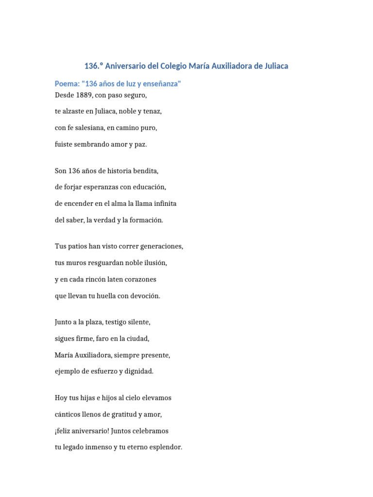 Poema y Cancion Maria Auxiliadora 136 Aniversario | PDF