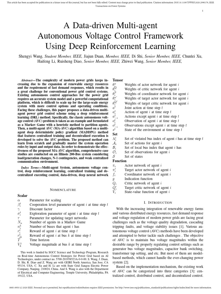 A Data-Driven Multri-Agent Autonomous Voltage Control Framework Using Deep Reinforcement ...