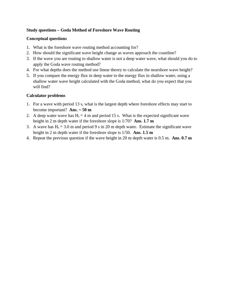 Study Questions - Goda Method of Foreshore Wave Routing | PDF