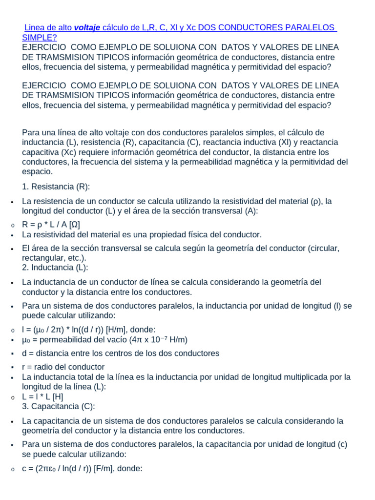 Cálculo de L, R, C en líneas de alto voltaje | PDF | Conductor ...
