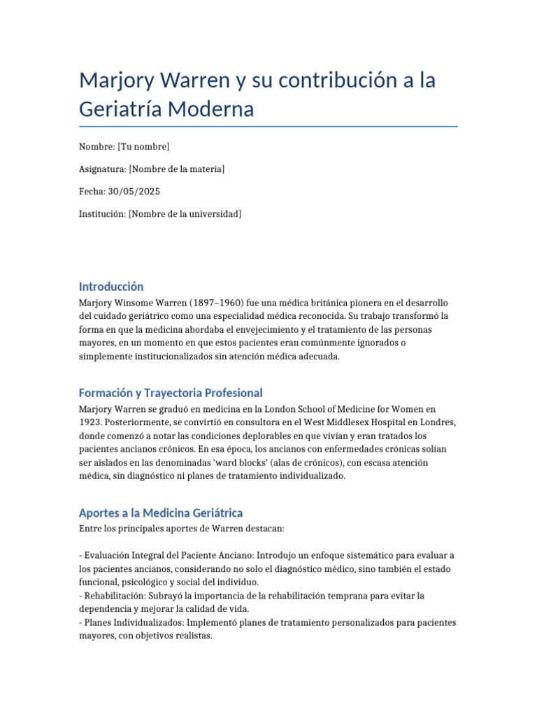 Informe Marjory Warren | PDF | Geriatría | Especialidades Medicas