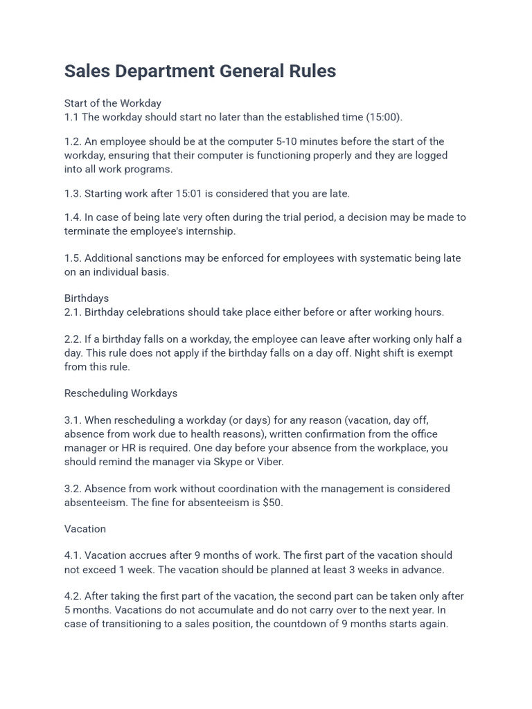 Sales Department General Rules | PDF | Working Time | Sick Leave