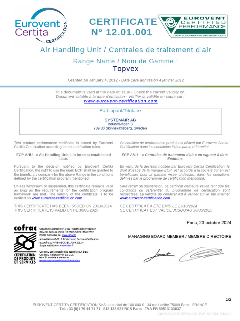 Certificat de performance pour Topvex | PDF | Management de la qualité