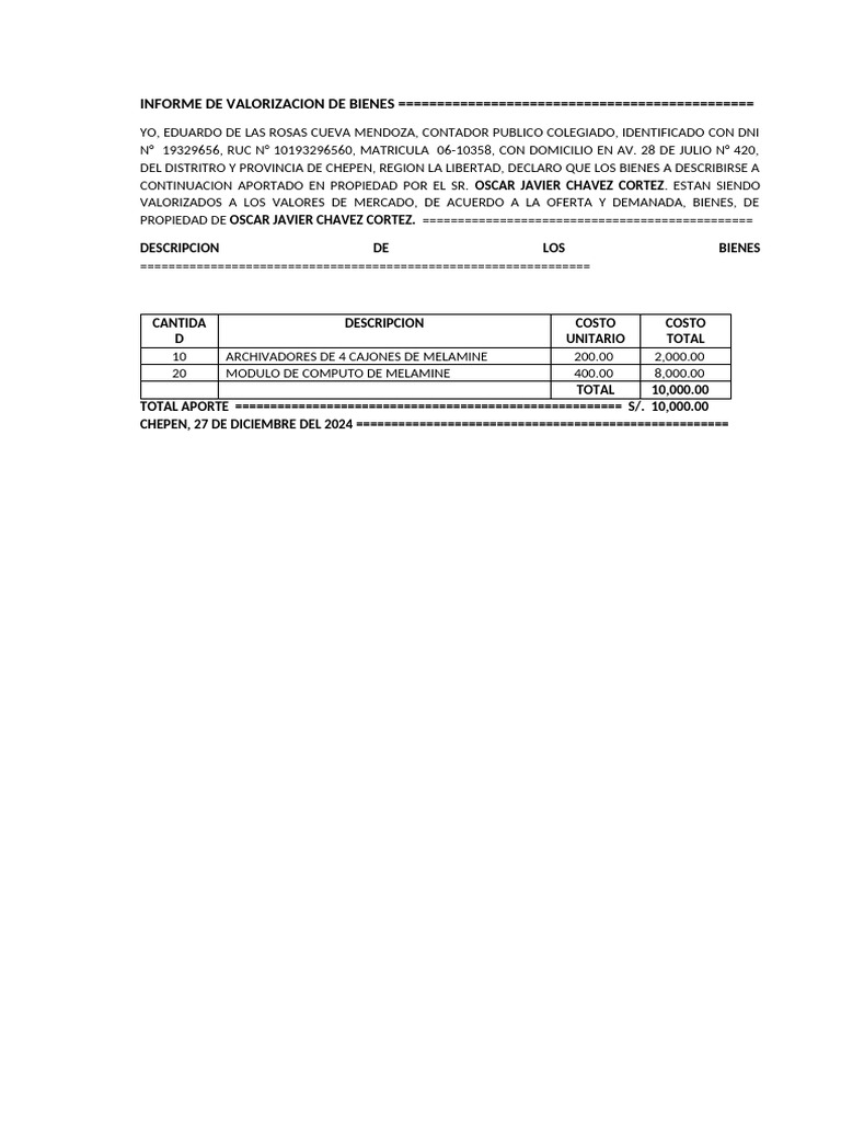 Informe de Valorizaci - Oscar | PDF