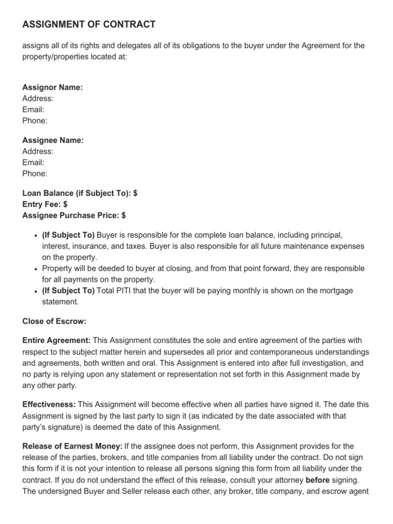 Contract Assignment Agreement Template | PDF | Assignment (Law) | Civil ...