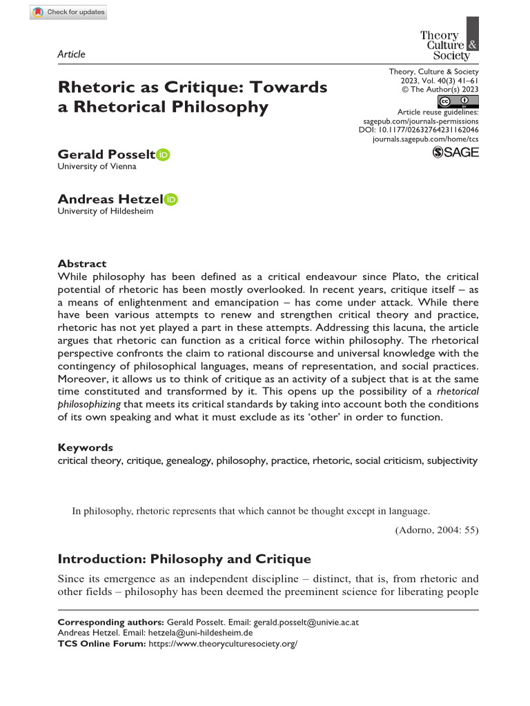Posselt Hetzel 2023 Rhetoric As Critique Towards A Rhetorical ...