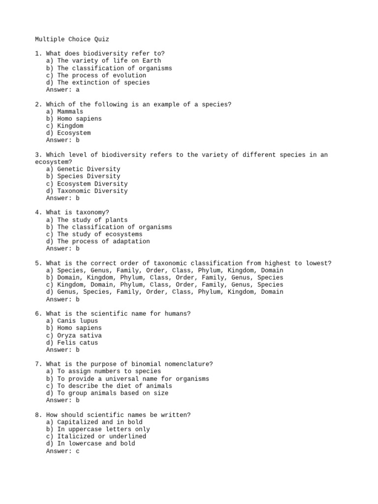 Biodiversity Quiz | PDF