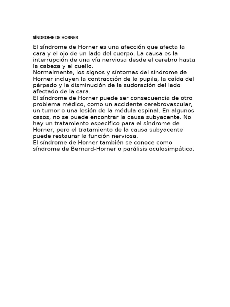 Síndrome de Horner | PDF | Enfermedades y trastornos | Sistema nervioso