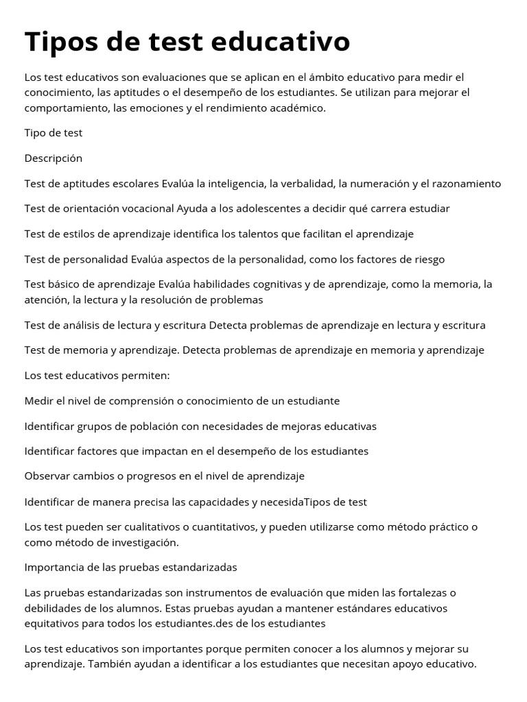 Tipos de Test Educativo | PDF | Aprendizaje | Inteligencia