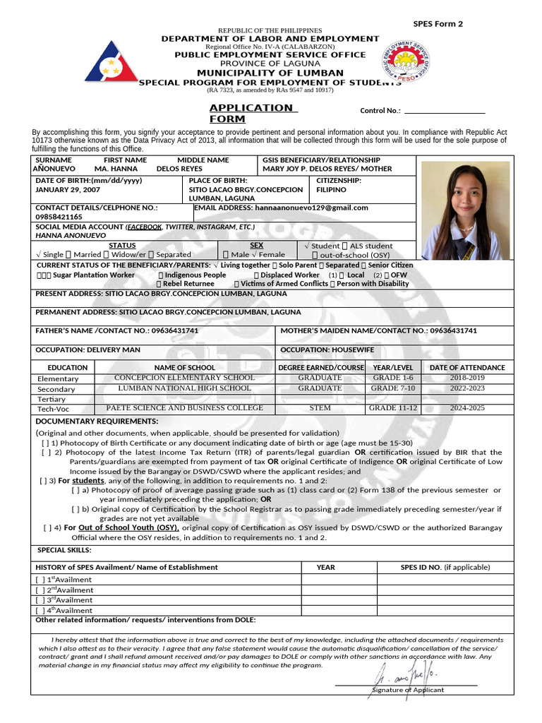 Hanna Spes Form 2 Application Form | PDF | Government And Personhood | Government