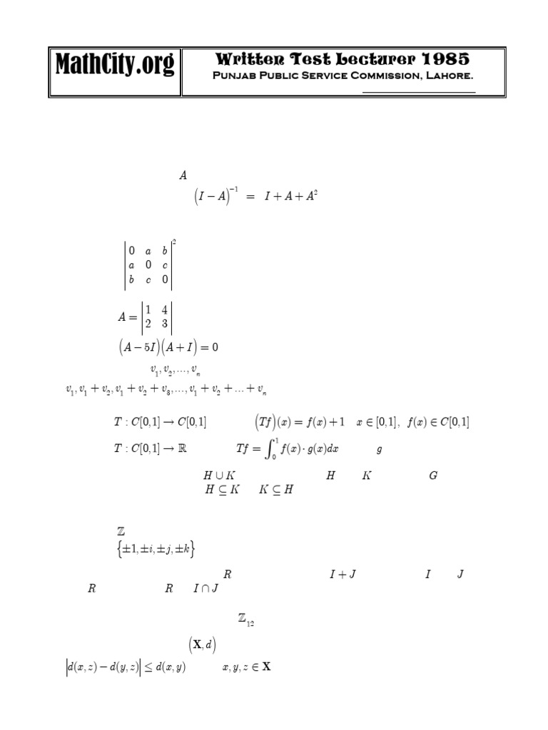 PPSC Lecturer Mathematics 1985 | PDF | Continuous Function | Ring (Mathematics)