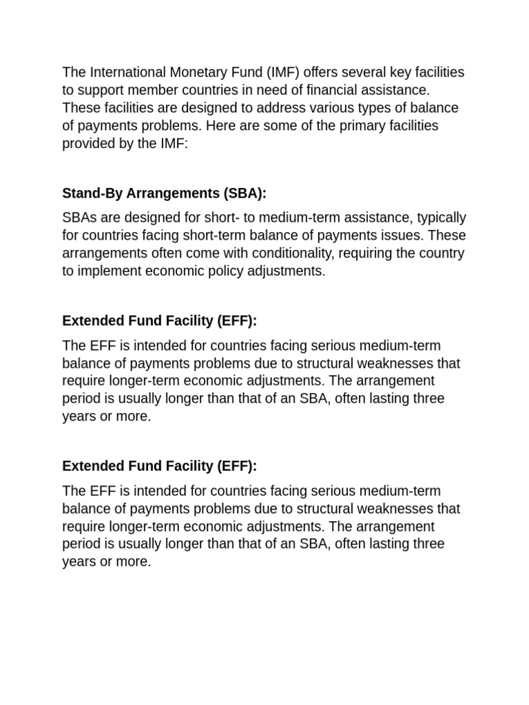 IMF Financial Assistance Facilities | PDF