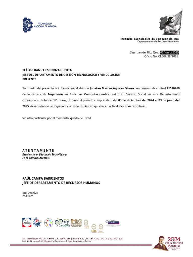 Ejemplo Carta de Terminación Servicio Social-Interno | PDF | Business