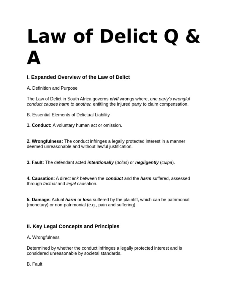 Law of Delict: Key Concepts & Q&A | PDF | Causation (Law) | Negligence