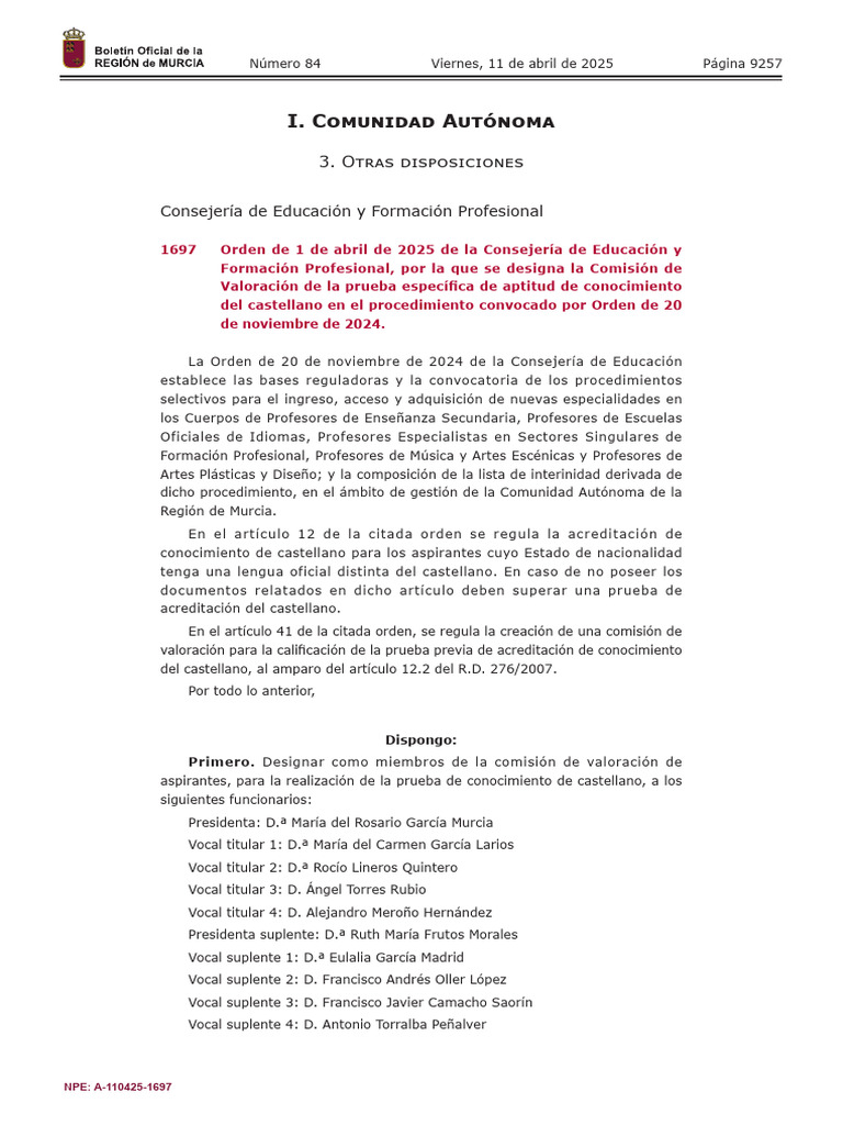 197565-Orden Comisi - N Valoraci - N Castellano 2025-1697 | PDF | Lengua española