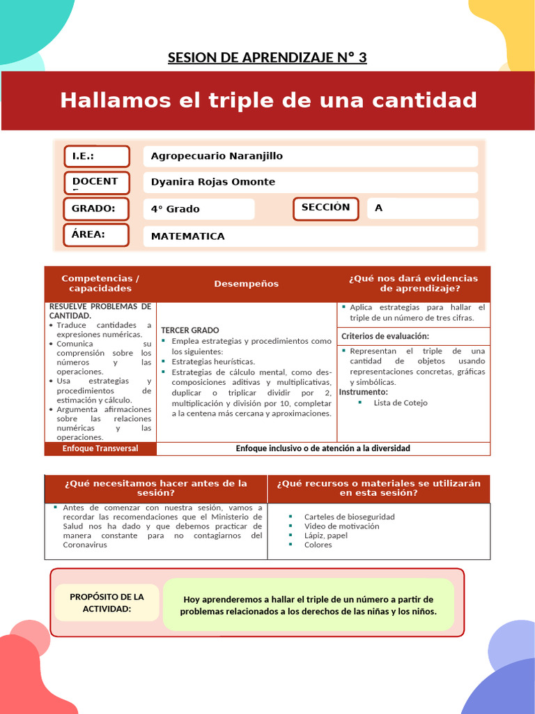 SESION DE MATEMATICA El Triple de Un Numero1 | PDF | Ciencia cognitiva | Cognición