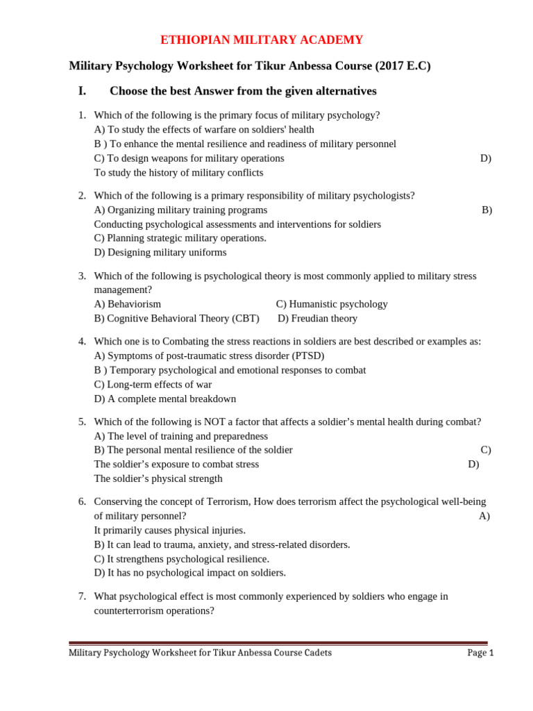 Military Psychology Worksheet for Cadets | PDF | Psychology ...