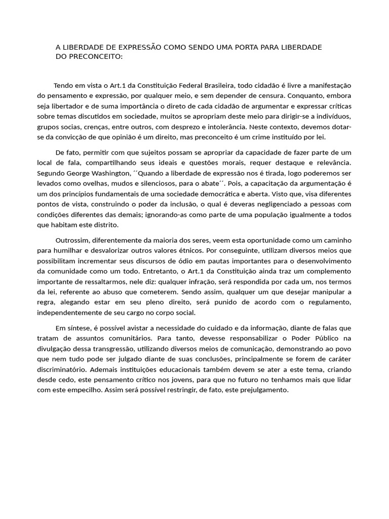Liberdade de Expressão e Preconceito | PDF | Liberdade de expressão ...