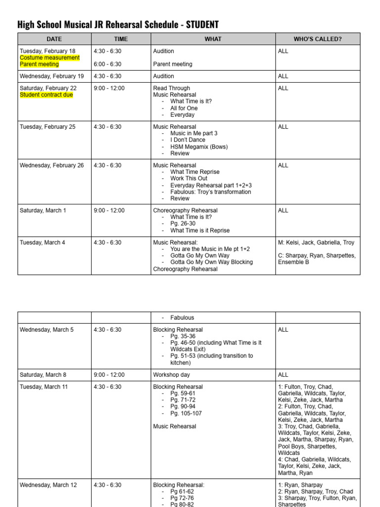 High School Musical 2 JR Rehearsal Schedule - Student - Final | PDF