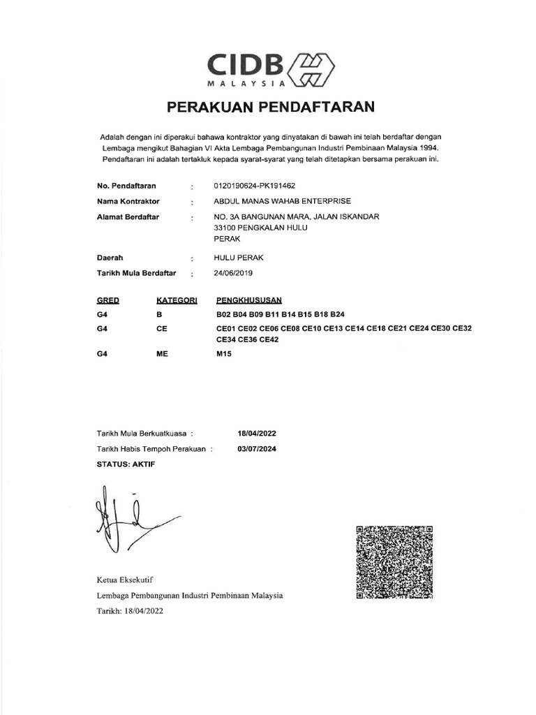 Cidb - Perakuan Pendaftaran | PDF