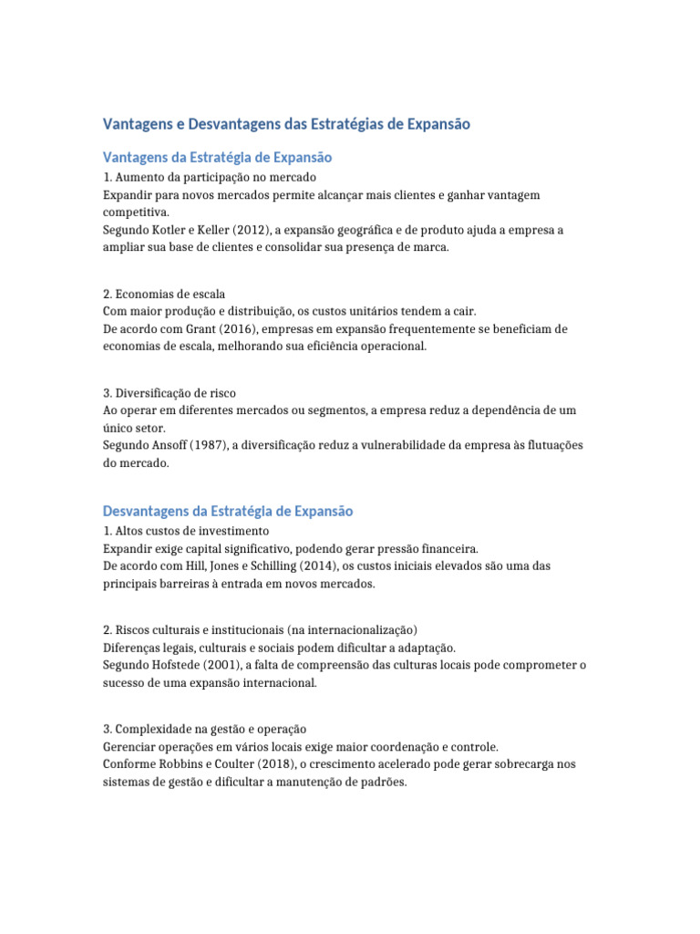 Vantagens e Desvantagens Estrategias Expansao | PDF