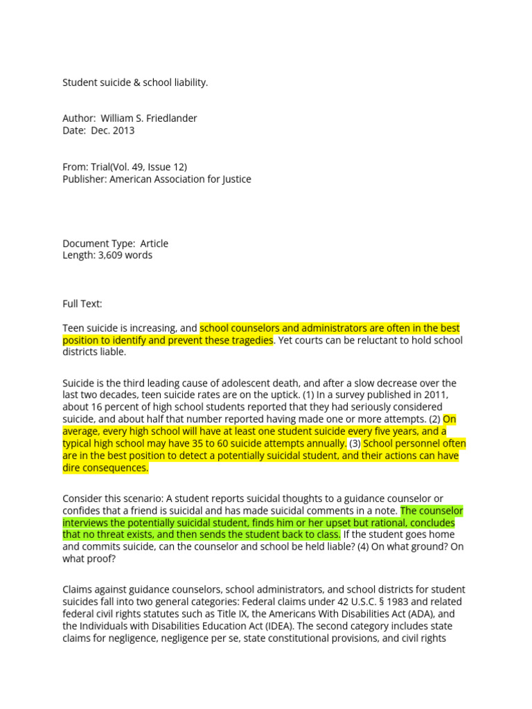 School Liability in Teen Suicides | PDF | Negligence | Intentional ...