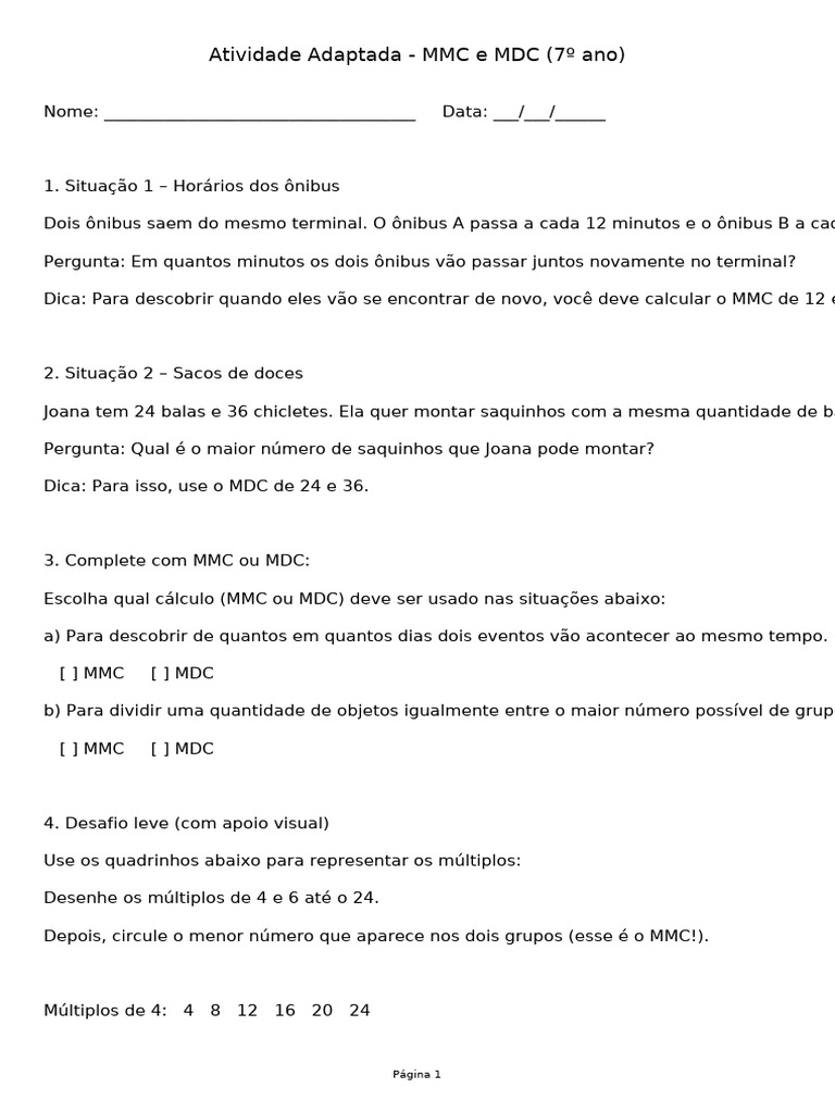 Atividade Adaptada MMC MDC 7ano | PDF