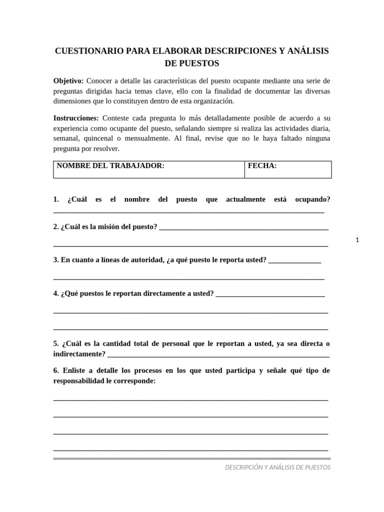Cuestionario para Descripción y Análisis de Puesto | PDF