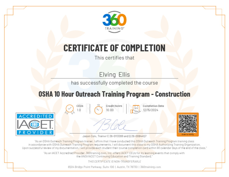 OSHA 10 Hour Training Completion Certificate | PDF