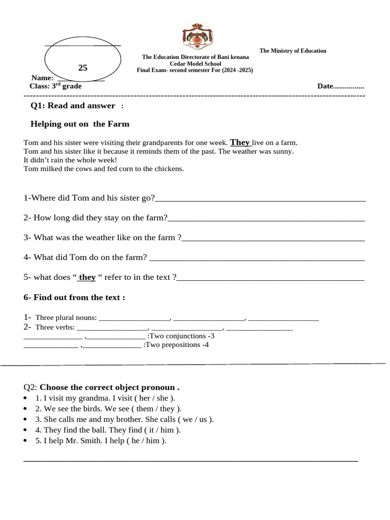 Final Exam Third Grade (2nd | PDF | Verb | Languages