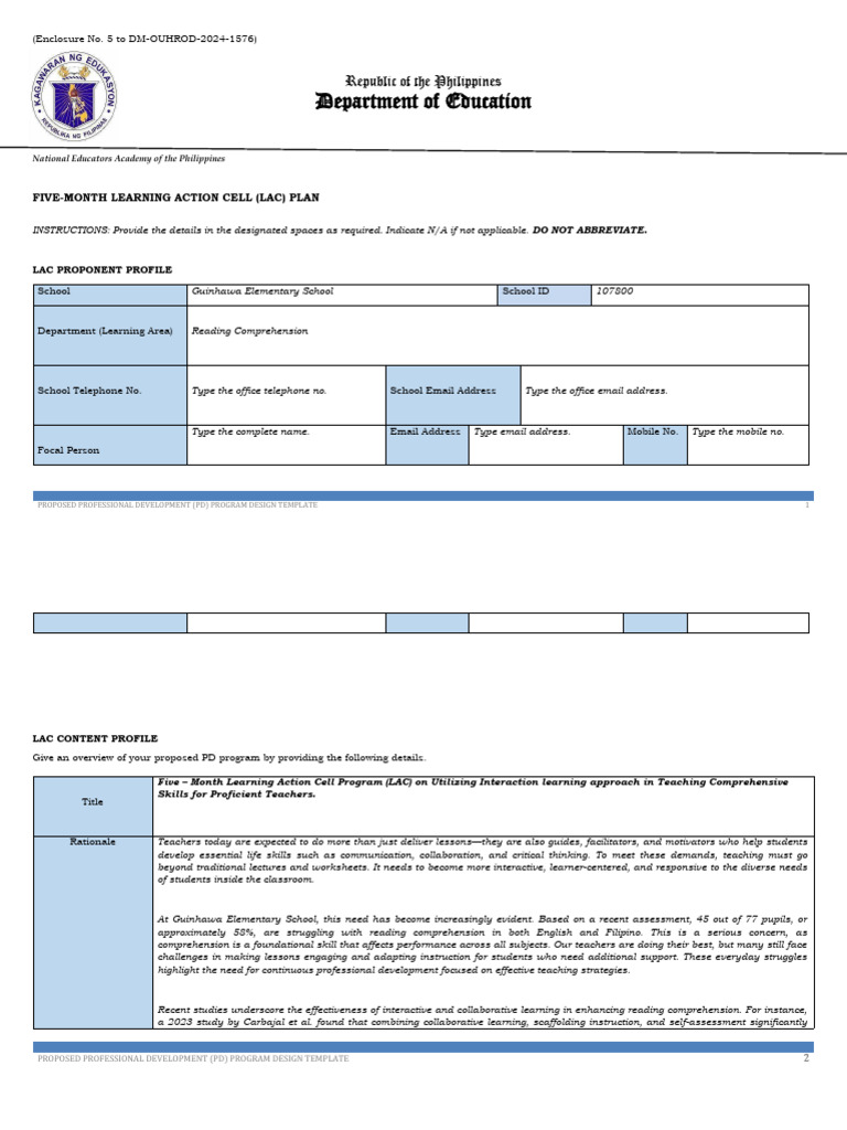Enclosure No. 5 Five-Month LAC Plan | PDF | Educational Assessment | Learning