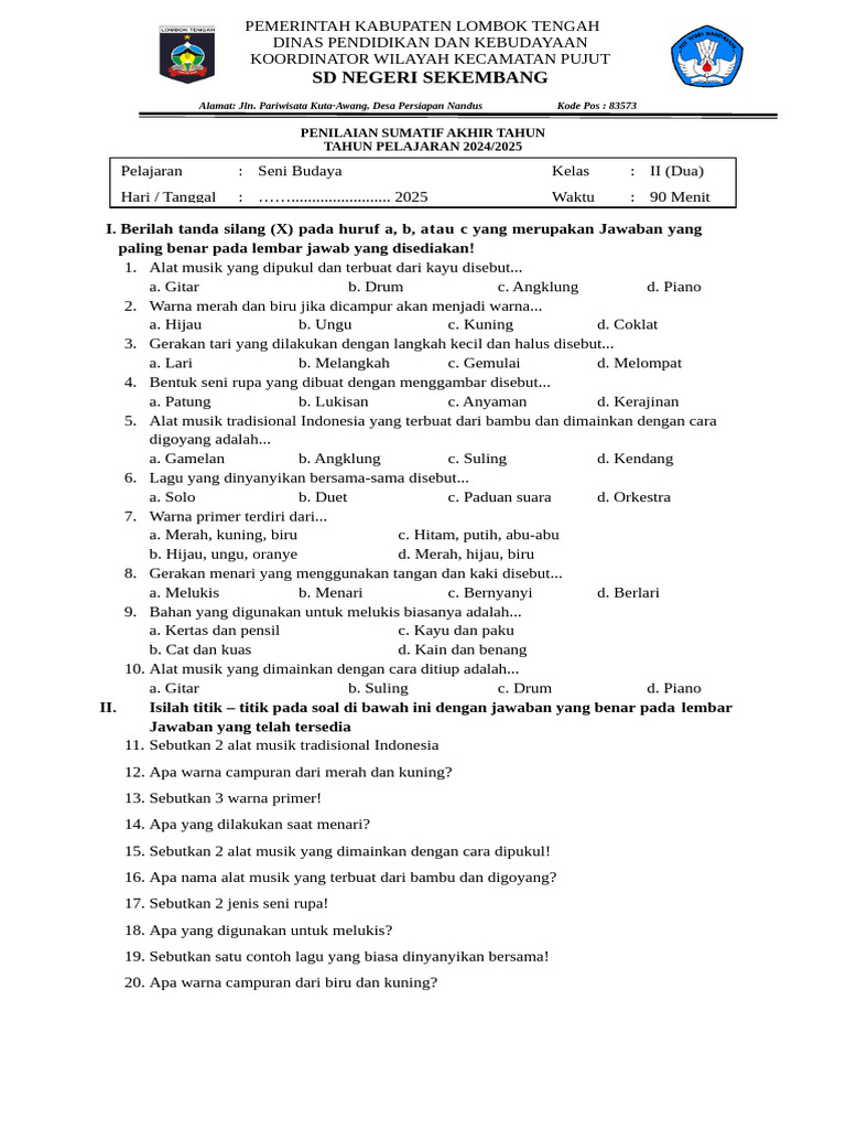 Soal PSAT Seni Budaya Kls 2 | PDF