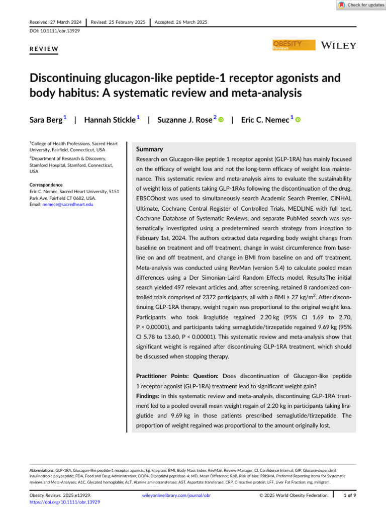 Obesity Reviews - 2025 - Berg - Discontinuing Glucagon Like Peptide 1 Receptor Agonists and Body ...