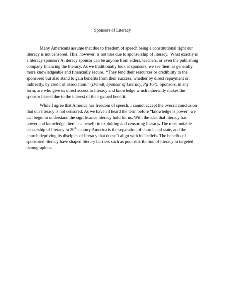 English 102 Assignment 2 Sponsors of Literacy | PDF