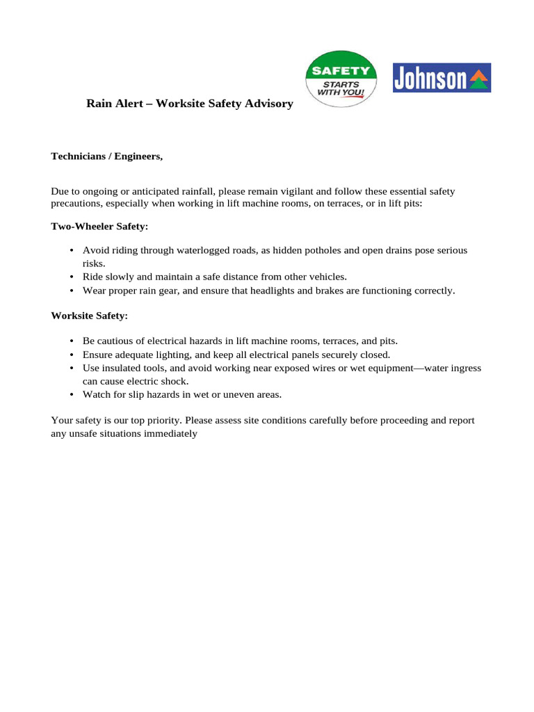Rain Safety Advisory for Worksites | PDF