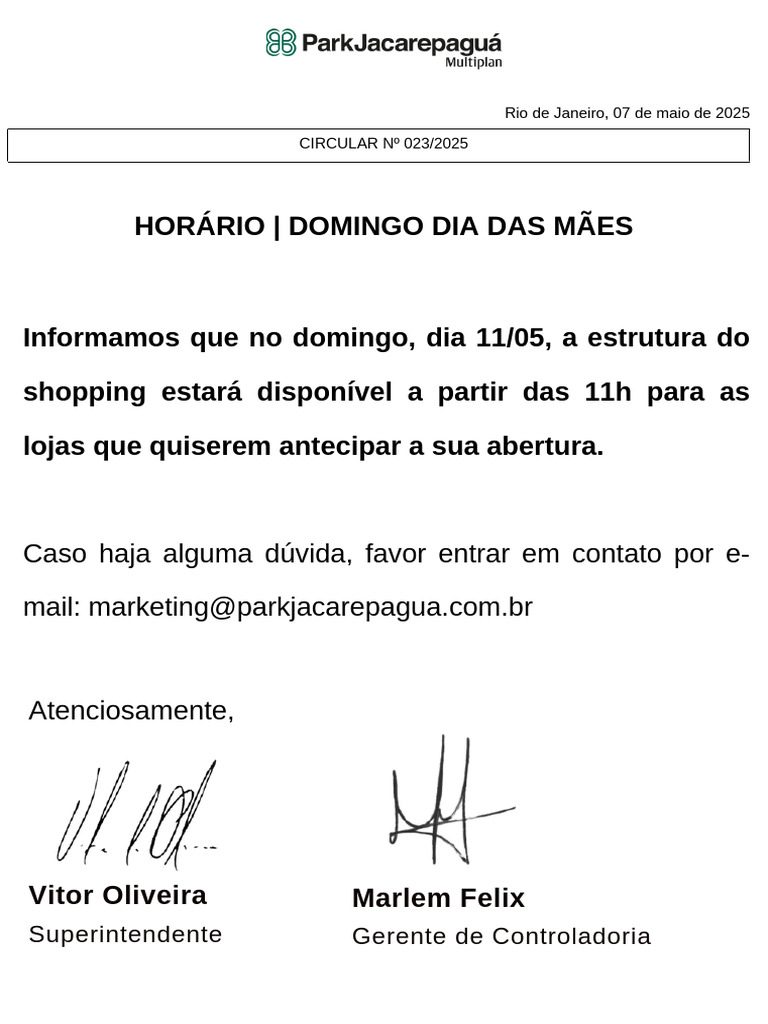 CIRCULAR N 023 Horario Domingo dia das maes_1746641525547 | PDF