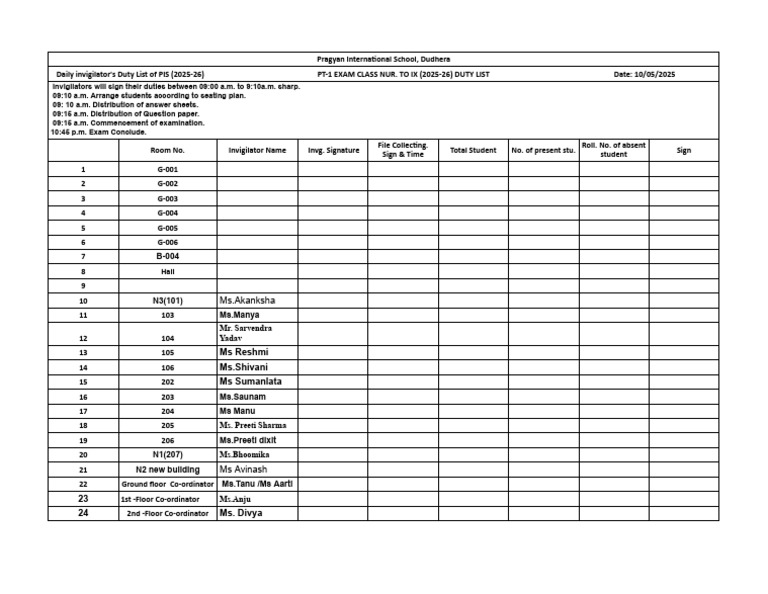 10 - 05 - 25 (PT-1 Exam Invigilator Duty List 2025-26) - Google Sheets ...