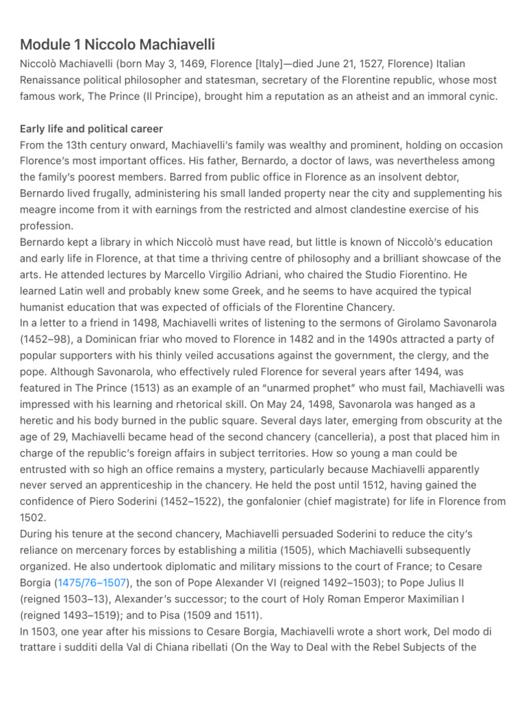 Module 1 Niccolo Machiavelli Pdf Niccolò Machiavelli The Prince