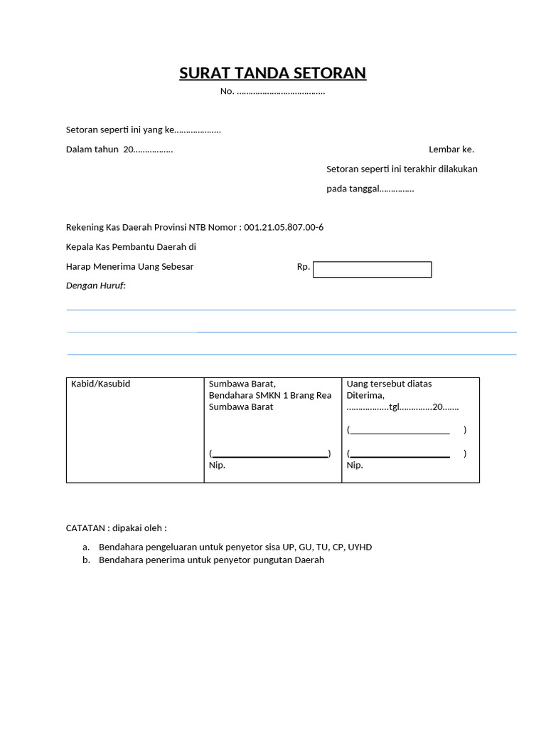 Surat Tanda Setoran Bank | PDF