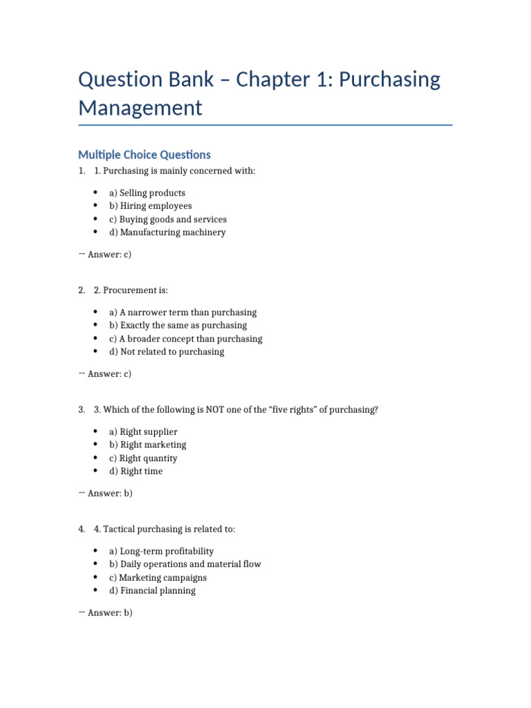 Purchasing Management Question Bank | PDF | Procurement | Marketing