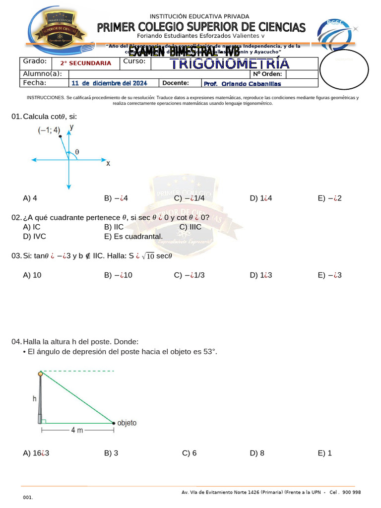 EXAMEN BIMESTRAL 2° TRIG | PDF | Matemáticas