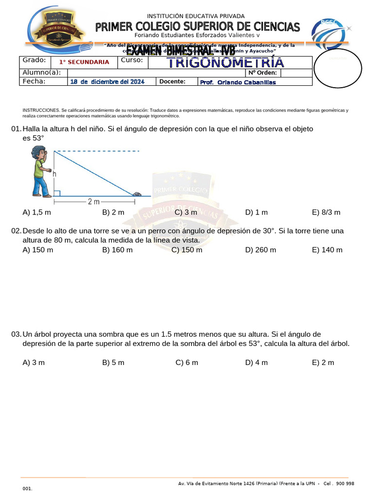 Examen Bimestral 1° Trig. | PDF | Matemática Elemental | Matemáticas
