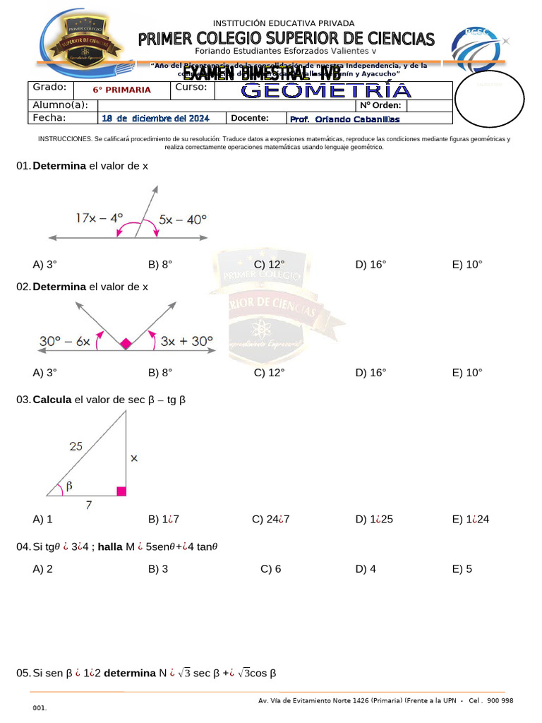 Examen Bimestral 6° Prim Geom | PDF | Formas geométricas | Matemáticas