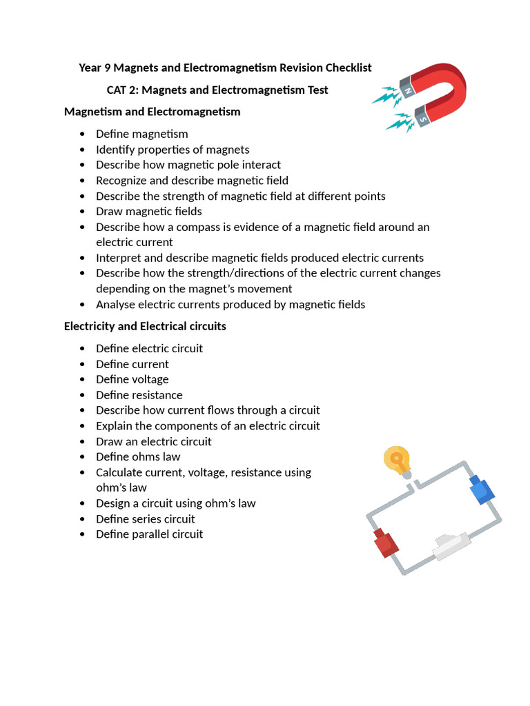 Magnetism and Electricity Revision Checklist | PDF