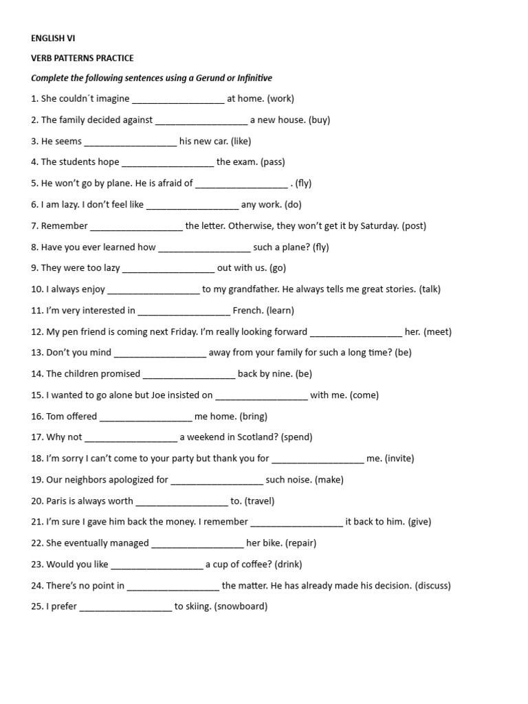 Verb Patterns Practice Exercises | PDF