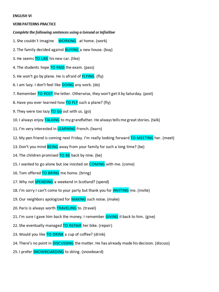 Verb Patterns Practice Exercises | PDF
