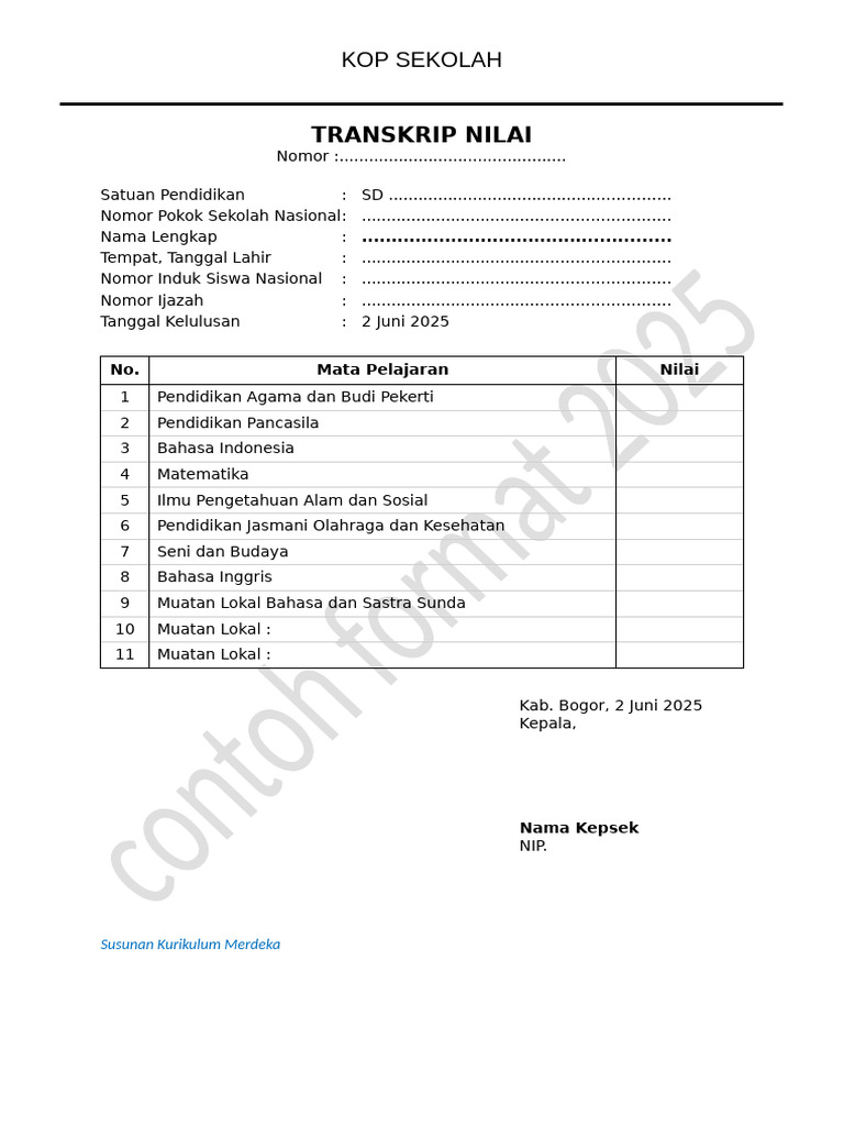 Form Transkrip Nilai SD | PDF