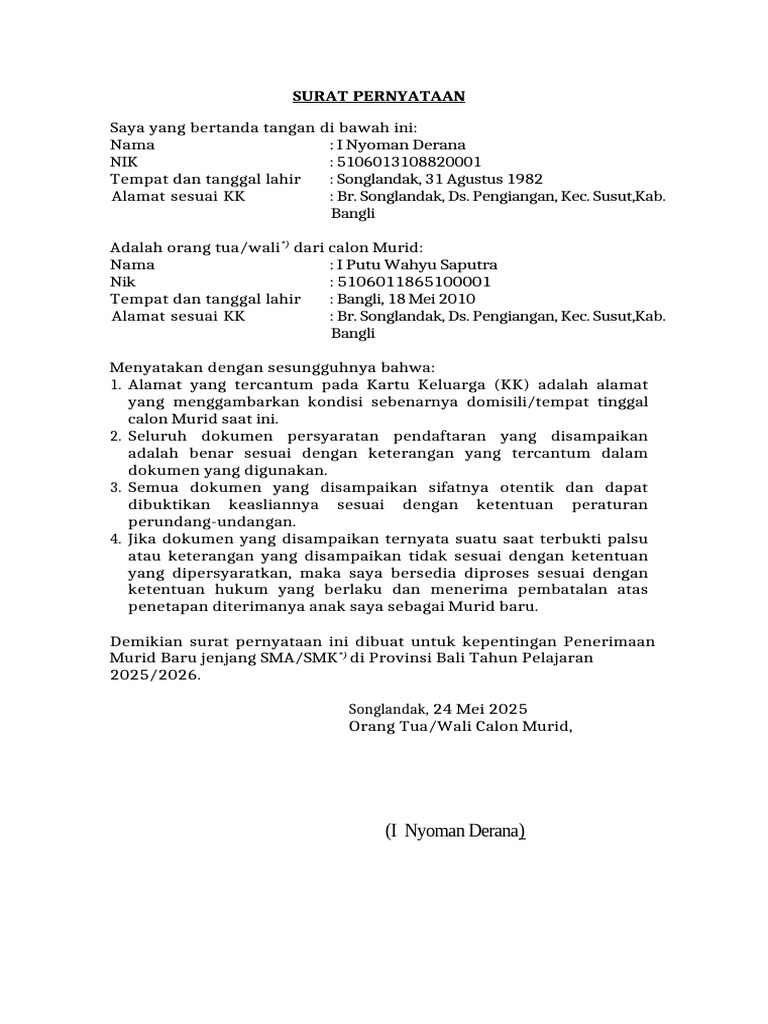 Surat Pernyataan Ortu (1) | PDF