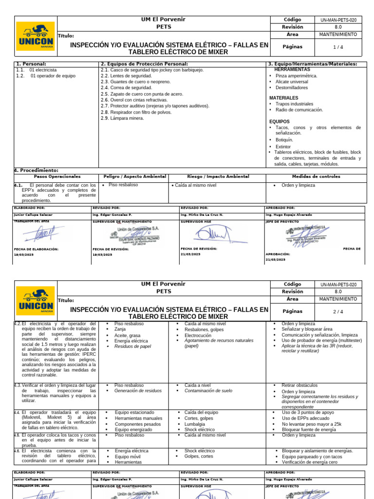 UN-MAN-PETS-020 INSPECCIÓN Y O EVALUACIÓN SISTEMA ELÉCTRICO - FALLAS EN TABLERO DE MIXER Rev 8-1 ...